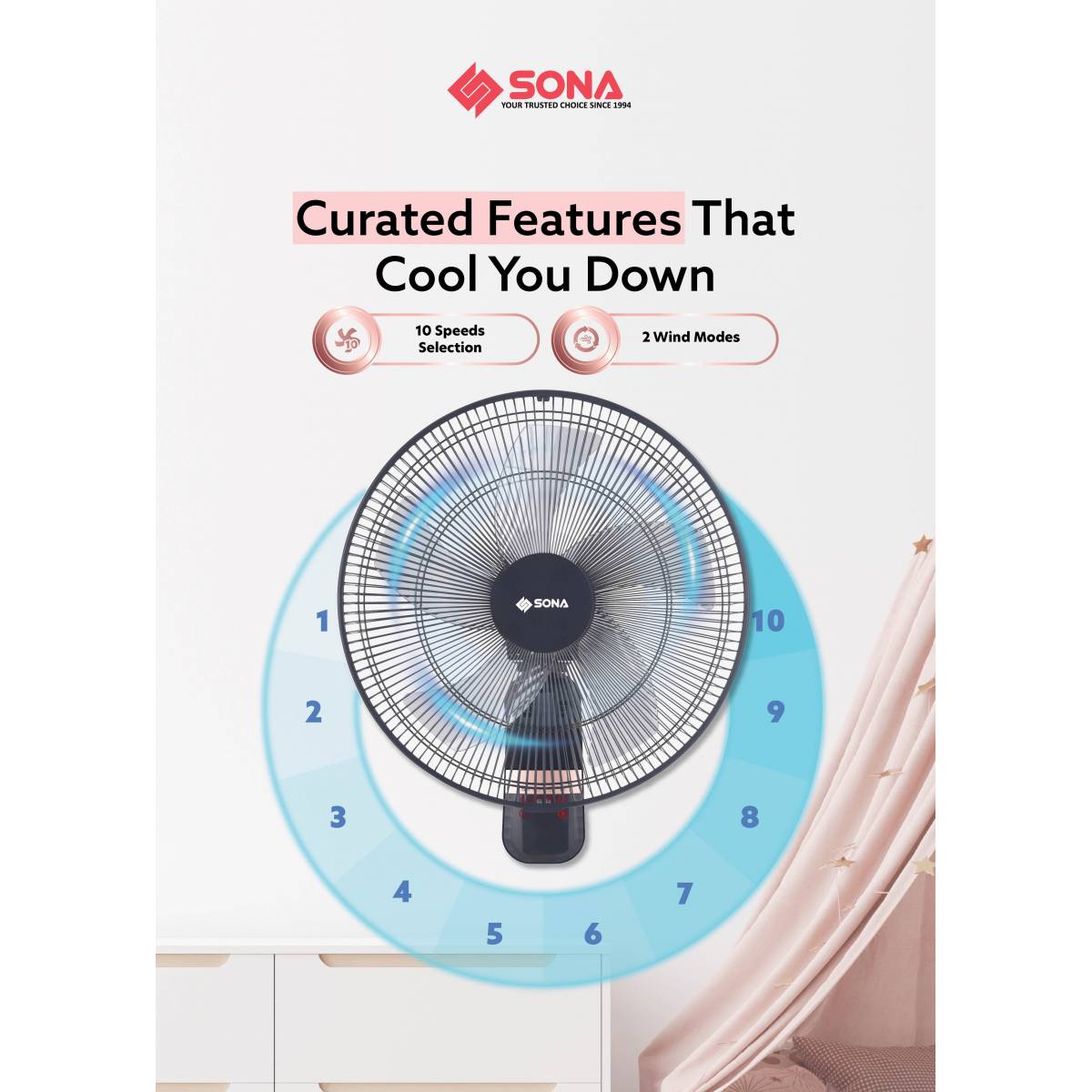 SONA 16” Remote DC Wall Fan SFW 9562DC